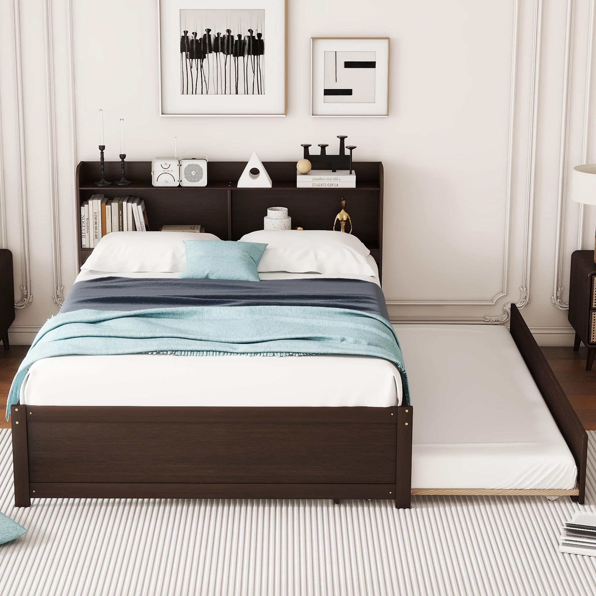 Harper & Bright Designs Full Bed Frame with Trundle, Full Trundle Bed with Bookcase Headboard, Wood Full Size Platform Bed with Twin Trundle Bed Under for Kids Girls Boys, Espresso