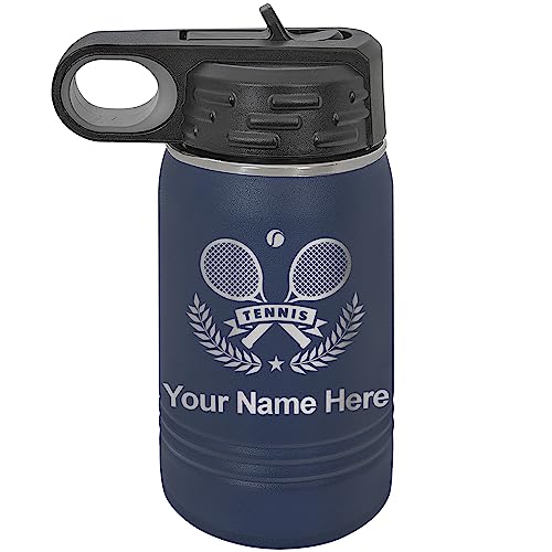 LaserGram Personalized Water Bottle, Tennis Rackets, Stainless Steel Double Wall Vacuum Insulated with Flip Top Straw, Custom Engraved Gift (12oz / 335ml Navy Blue)
