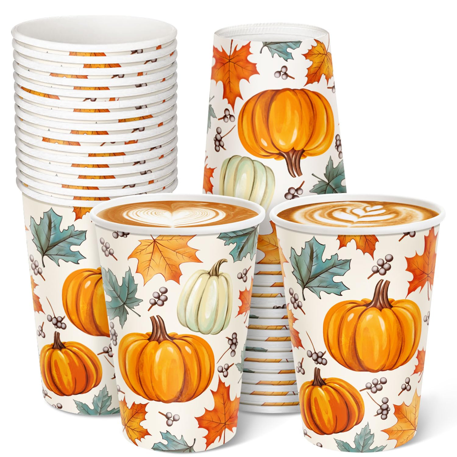 Thanksgiving Disposable Paper Cups 30 Pack, Pumpkin Maple Leaves Paper Cups, Fall Drinking Cups for Hot and Cold Beverages 12 Ounce, Thanksgiving Dinner Autumn Harvest Fall Party Supplies