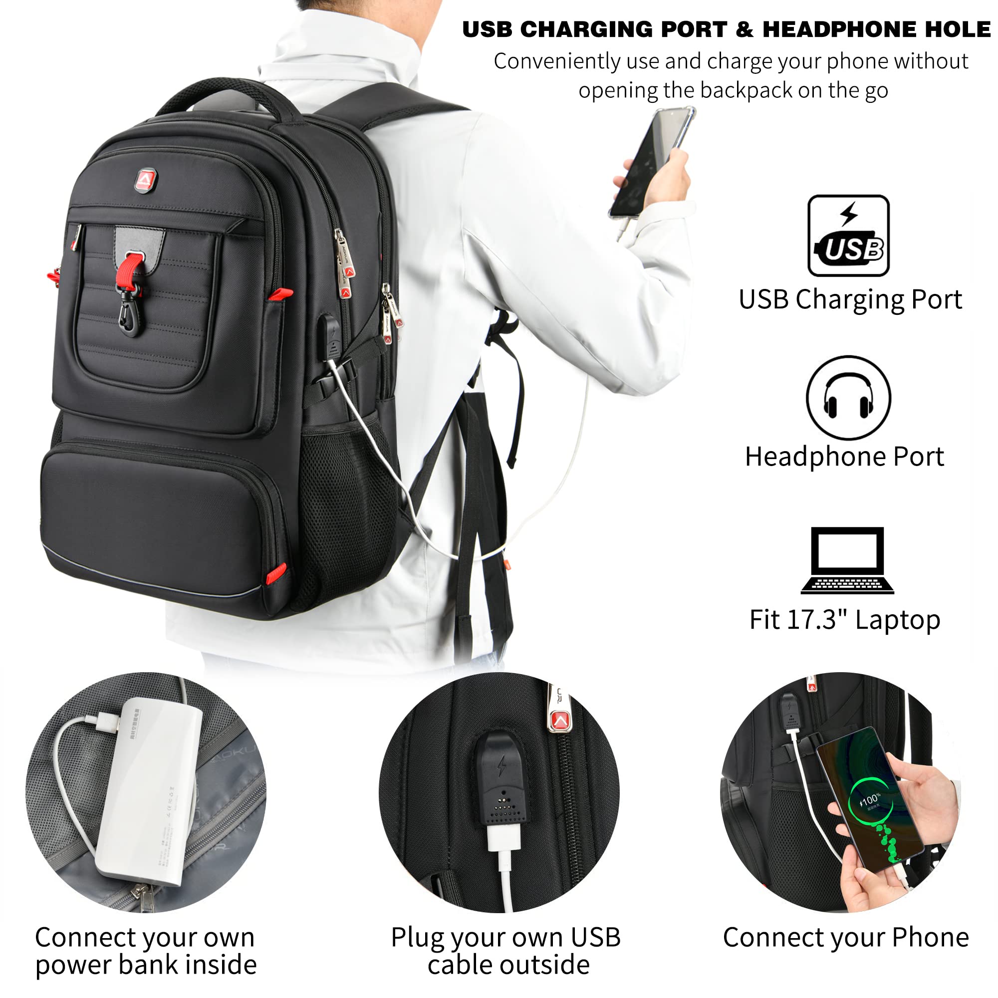 Laptop Backpack for Men Women, College School Business Work 17.3 Inch Computer Backpack Travel Bookbag with USB Charging Port, Waterproof Large Durable Carry-On Backpack (with Golf Cooler Bag)