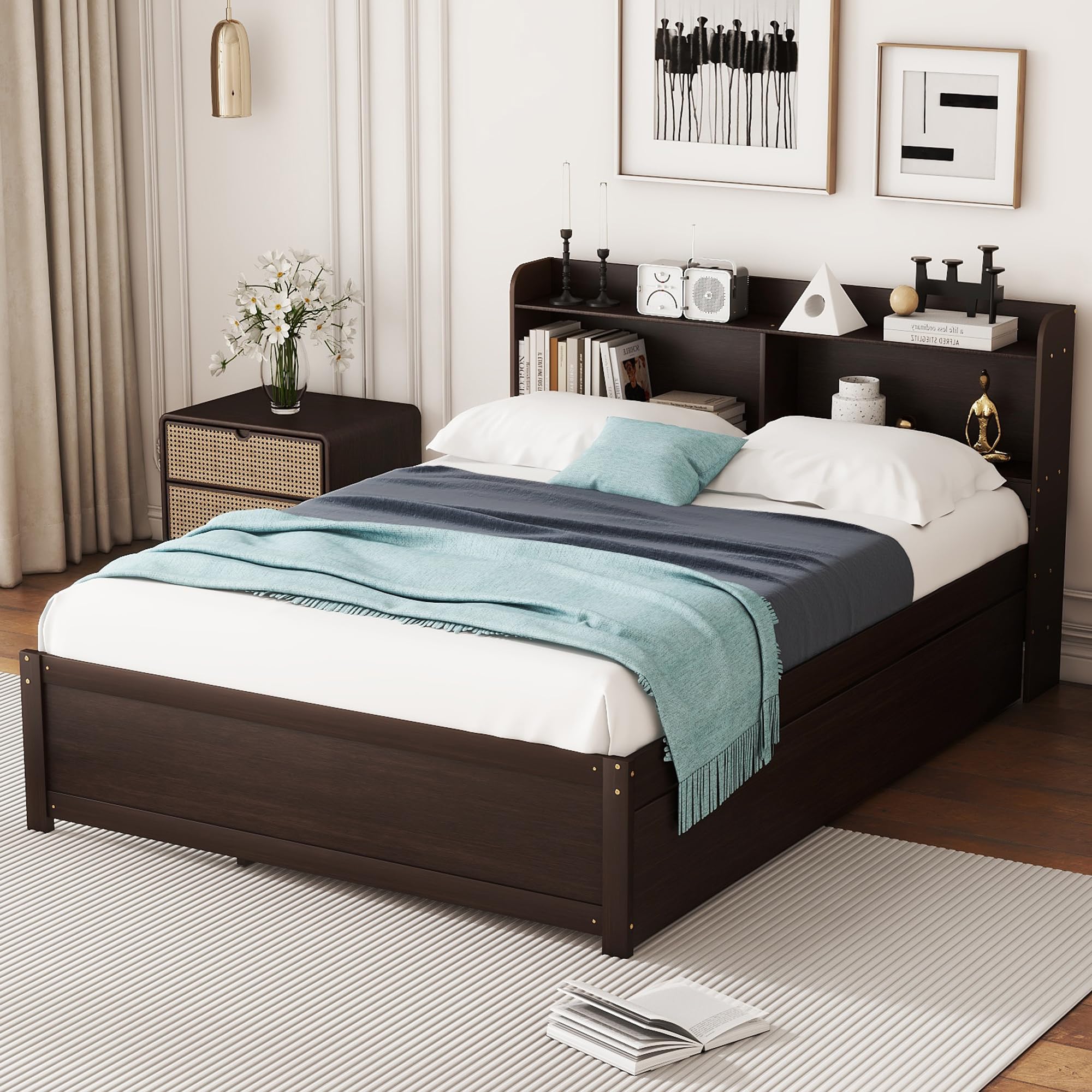 Harper & Bright Designs Full Bed Frame with Trundle, Full Trundle Bed with Bookcase Headboard, Wood Full Size Platform Bed with Twin Trundle Bed Under for Kids Girls Boys, Espresso