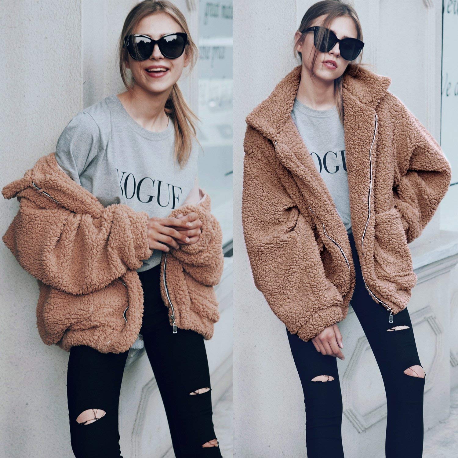 Women's Coat Casual Lapel Fleece Fuzzy Faux Shearling Zipper Coats Warm Winter Oversized Outwear Jackets (Khaki,M)