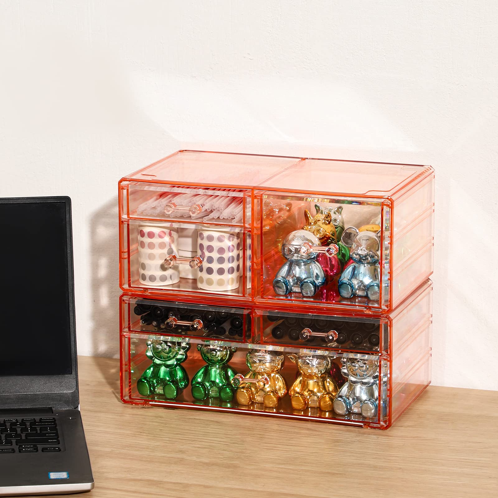 Cq acrylic Stackable Bathroom Storage with Pull Out Bin Organizer Drawer for Cabinet,Vanity,Shelf,Cupboard,Cabinet or Closet Organization Pink 3 Drawers