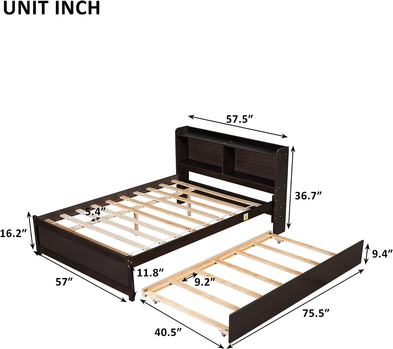 Harper & Bright Designs Full Bed Frame with Trundle, Full Trundle Bed with Bookcase Headboard, Wood Full Size Platform Bed with Twin Trundle Bed Under for Kids Girls Boys, Espresso