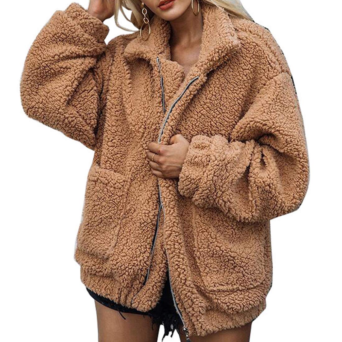 Women's Coat Casual Lapel Fleece Fuzzy Faux Shearling Zipper Coats Warm Winter Oversized Outwear Jackets (Khaki,M)