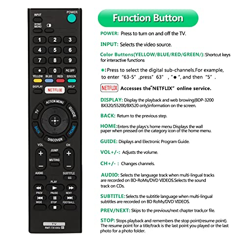 Newest Universal Sony Smart TV Remote Control RMT-TX100U for All Sony TV and Bravia TV Replacement Remote Control for All Sony LCD LED 2K 4K UHD and Bravia TVs with Netflix Button