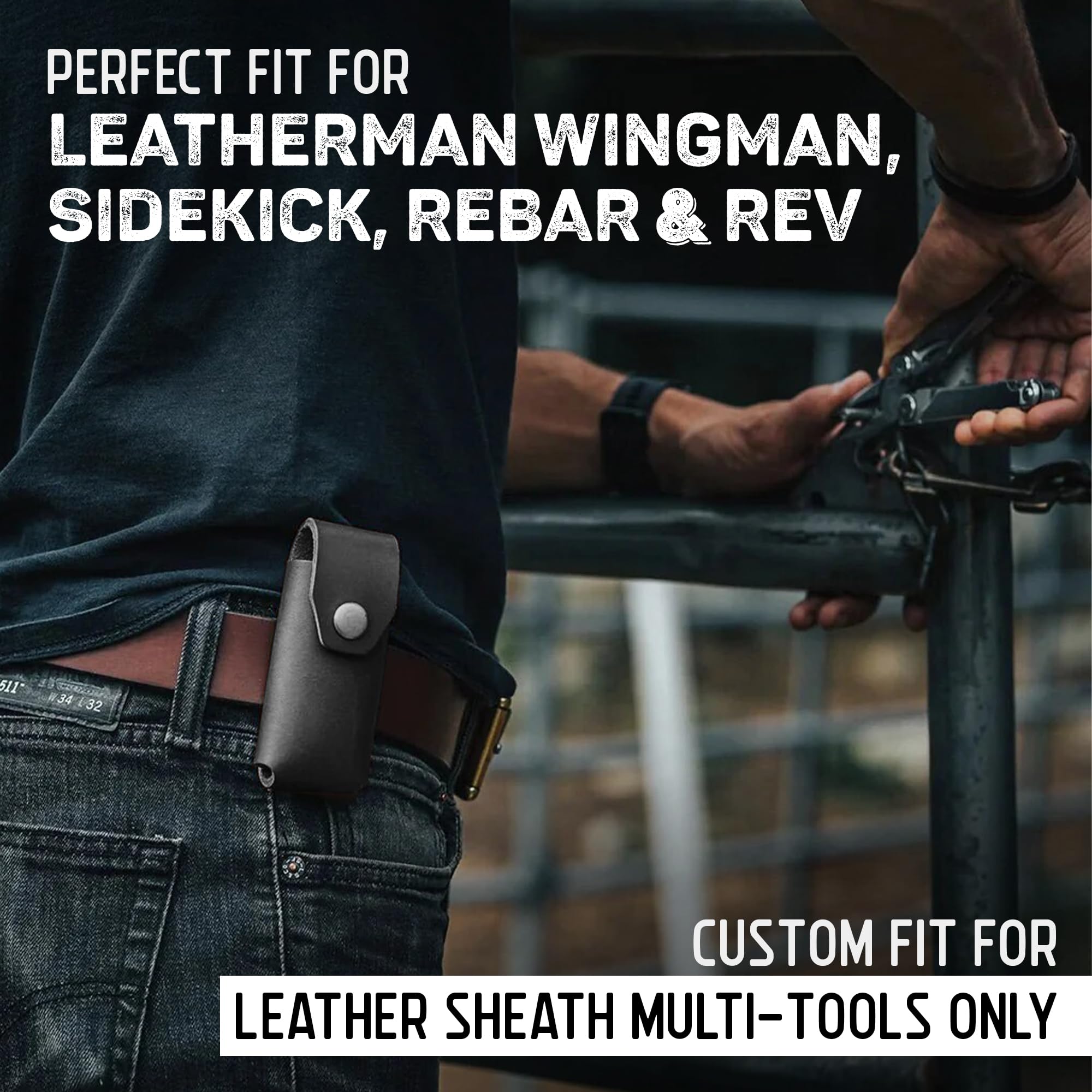 American Bench Craft Leather Multitool Sheath fits Leatherman Wingman, Sidekick, Reber, Rev, Fuse | Riveted Leatherman Case for Belt | Premium Full Grain Leather Sheath/Holster with Brass Snap - Black