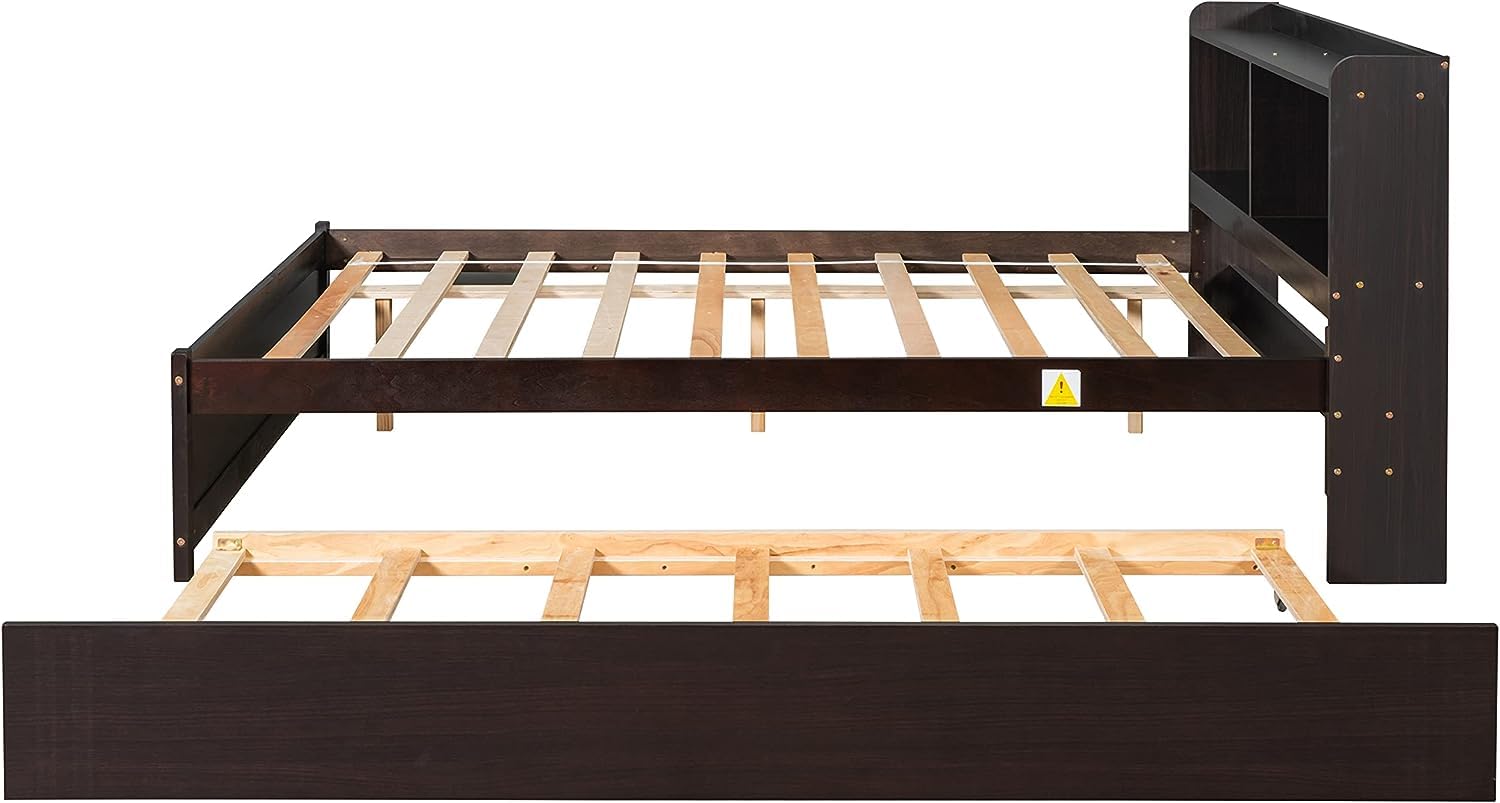Harper & Bright Designs Full Bed Frame with Trundle, Full Trundle Bed with Bookcase Headboard, Wood Full Size Platform Bed with Twin Trundle Bed Under for Kids Girls Boys, Espresso