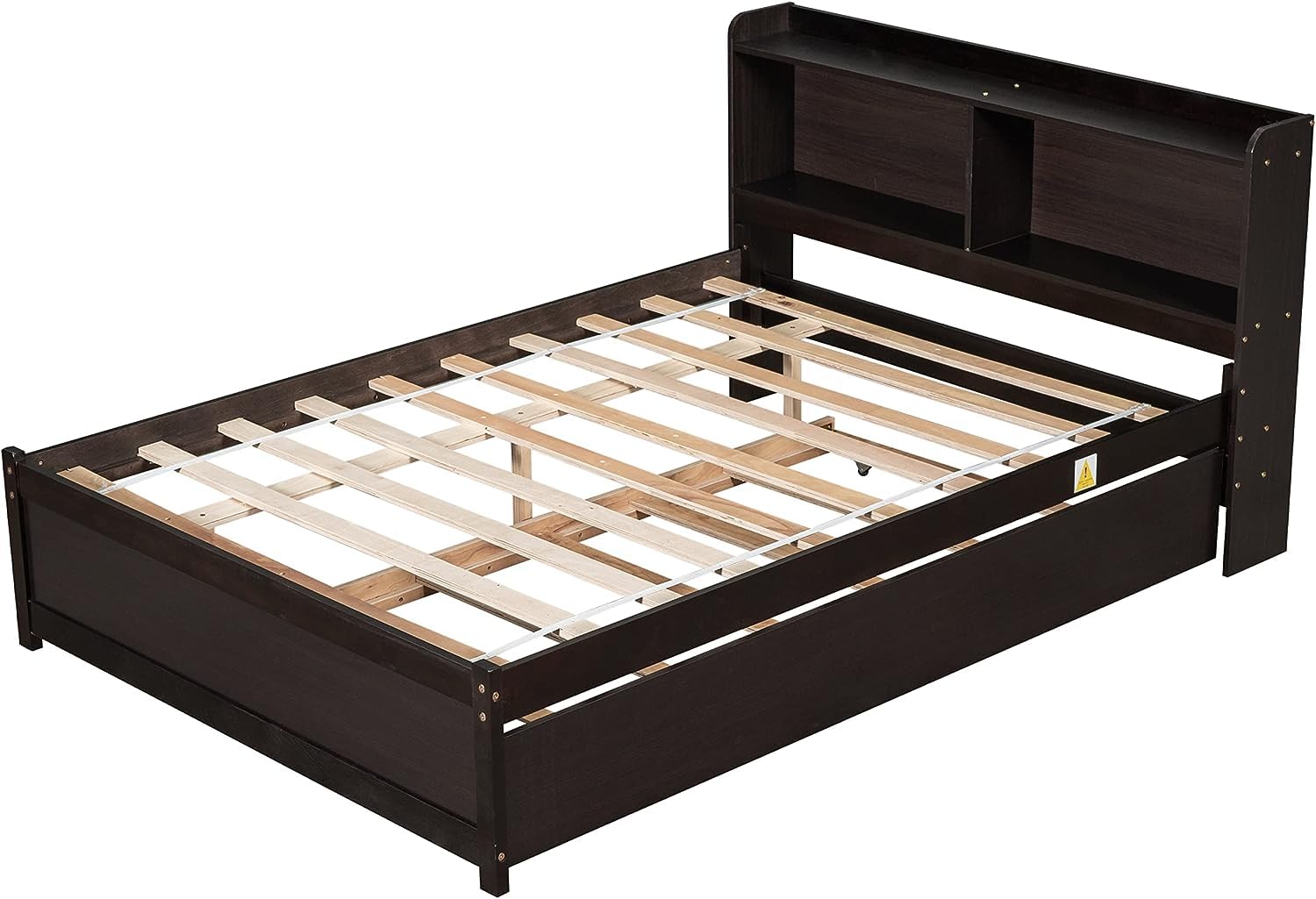 Harper & Bright Designs Full Bed Frame with Trundle, Full Trundle Bed with Bookcase Headboard, Wood Full Size Platform Bed with Twin Trundle Bed Under for Kids Girls Boys, Espresso
