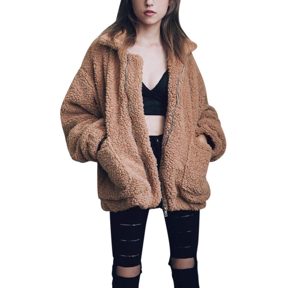 Women's Coat Casual Lapel Fleece Fuzzy Faux Shearling Zipper Coats Warm Winter Oversized Outwear Jackets (Khaki,M)