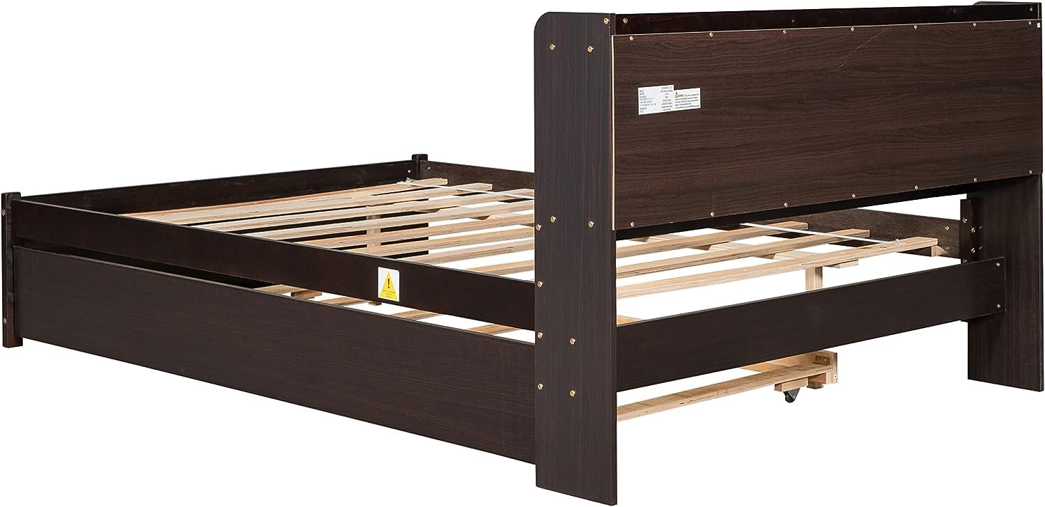 Harper & Bright Designs Full Bed Frame with Trundle, Full Trundle Bed with Bookcase Headboard, Wood Full Size Platform Bed with Twin Trundle Bed Under for Kids Girls Boys, Espresso