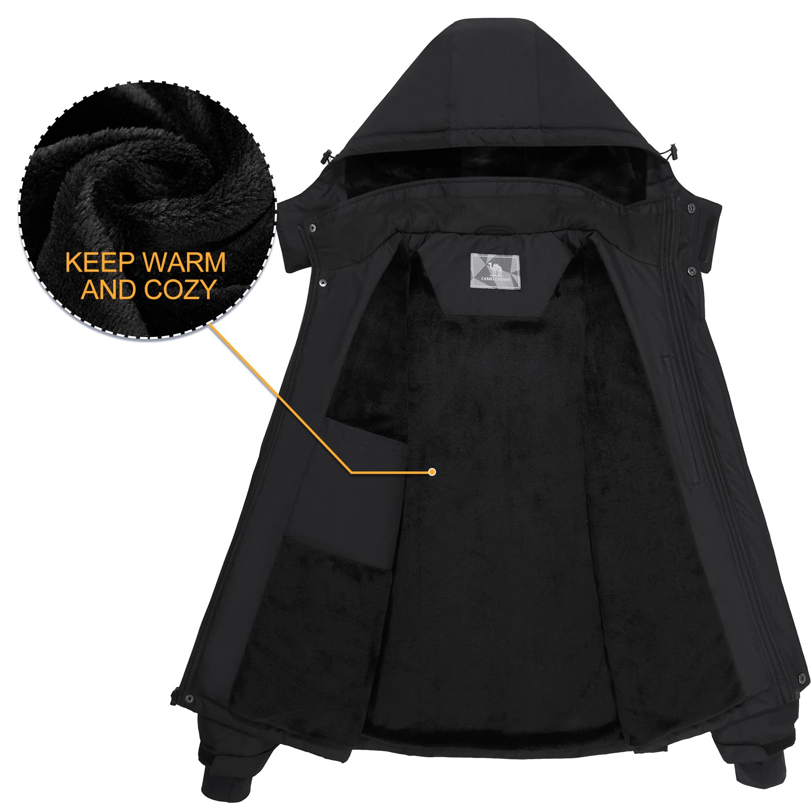 CAMEL CROWN Men's Mountain Snow Waterproof Ski Jacket Detachable Hood Windproof Fleece Parka Rain Jacket Winter Coat Black, X-Large