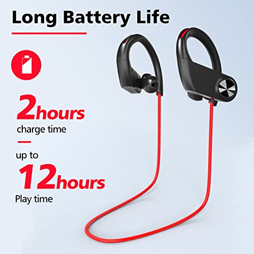 Bluetooth Earbuds Running Headphones, Wireless Workout Headphones Earbuds IPX7 Waterproof with Earhooks, Sport Stereo Sweatproof in-Ear Earphones, 16 Hour Playtime - BlackRed