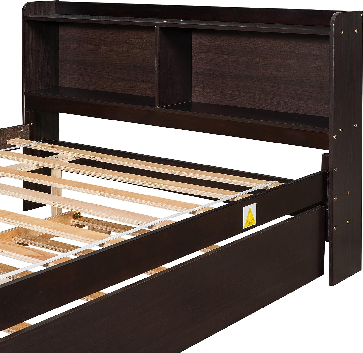 Harper & Bright Designs Full Bed Frame with Trundle, Full Trundle Bed with Bookcase Headboard, Wood Full Size Platform Bed with Twin Trundle Bed Under for Kids Girls Boys, Espresso