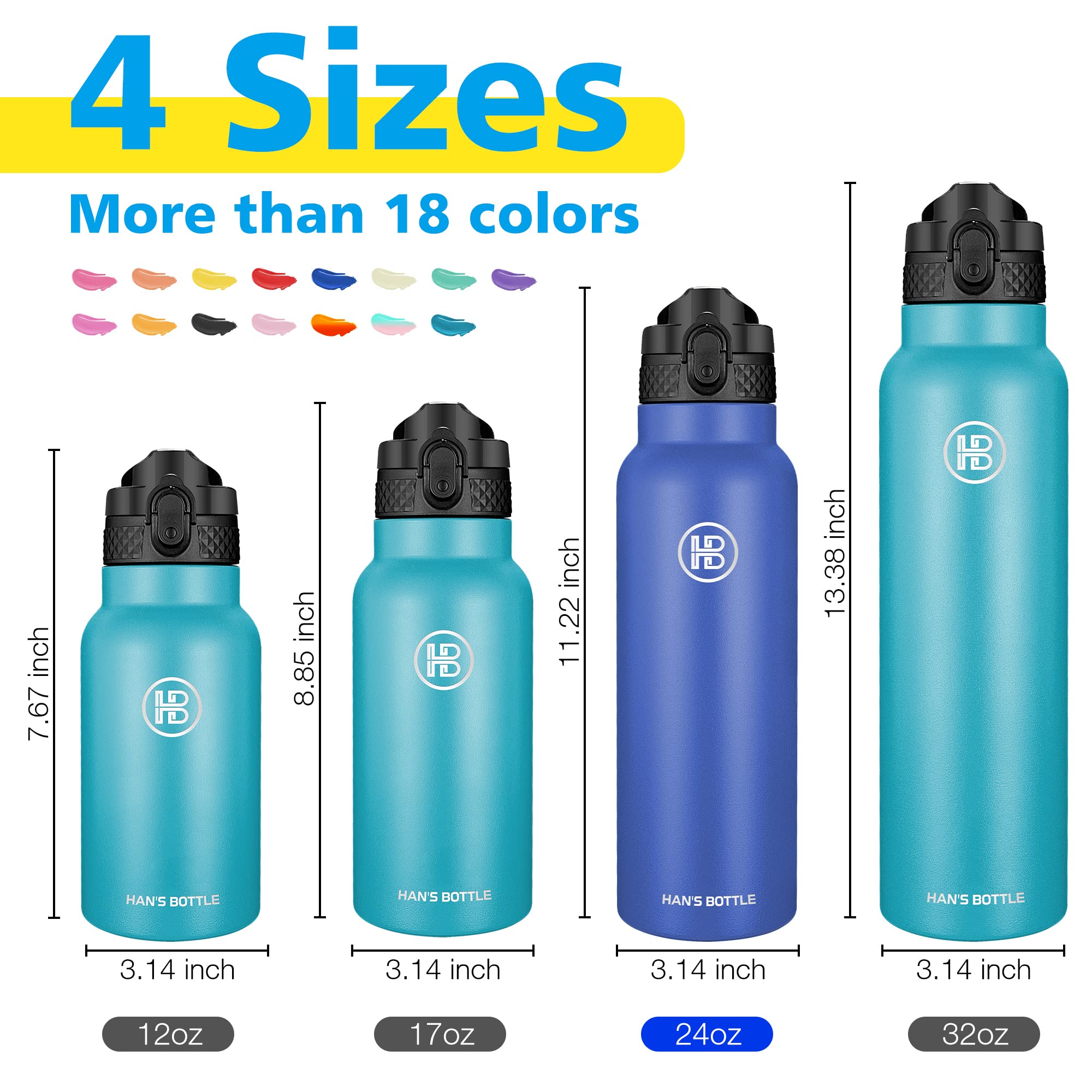 Han's Bottle Sports Water Bottle - 24 Oz, Straw Lid, Leak Proof, Vacuum Insulated Stainless Steel, Double Walled, Thermo Mug,Navy Blue