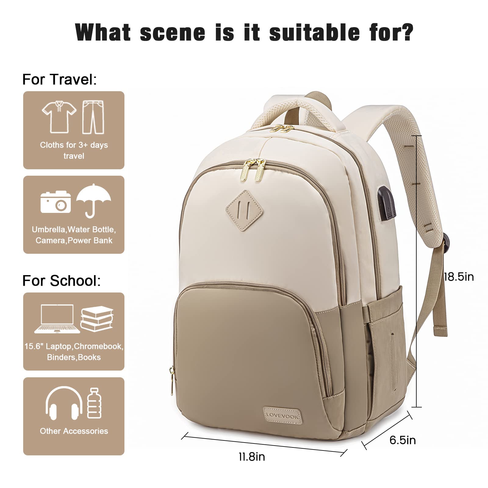 LOVEVOOK Classical Backpack for Women, School Bookbag with Laptop Compartment for College Work Travel, Water Resistant Daypack, Fit 15.6" Laptop