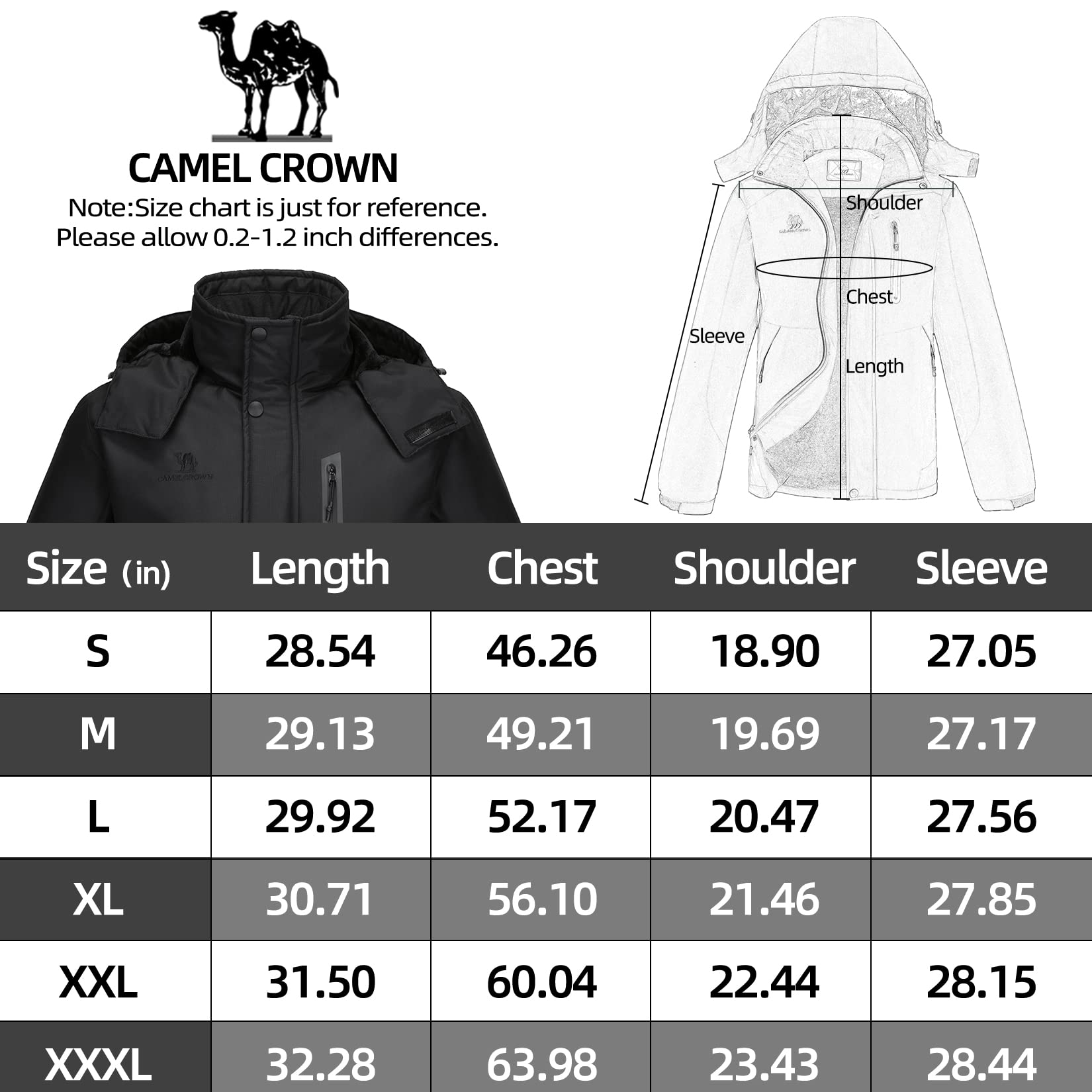 CAMEL CROWN Men's Mountain Snow Waterproof Ski Jacket Detachable Hood Windproof Fleece Parka Rain Jacket Winter Coat Black, X-Large