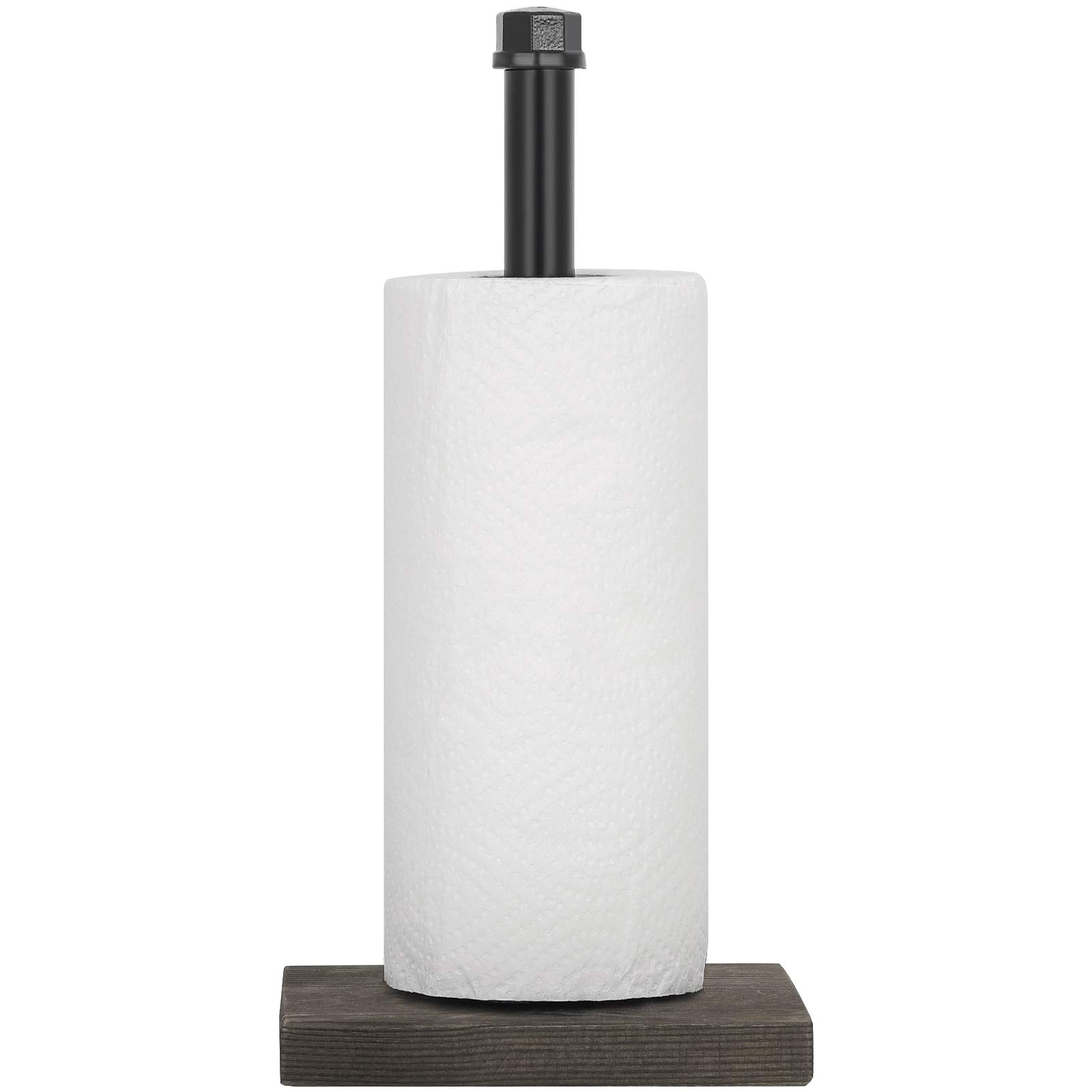 LIANTRAL Paper Towel Holder Stand, Free-Standing Farmhouse Kitchen Countertop Paper Towel Roll Dispenser with Wood Base (Rustic Brown)