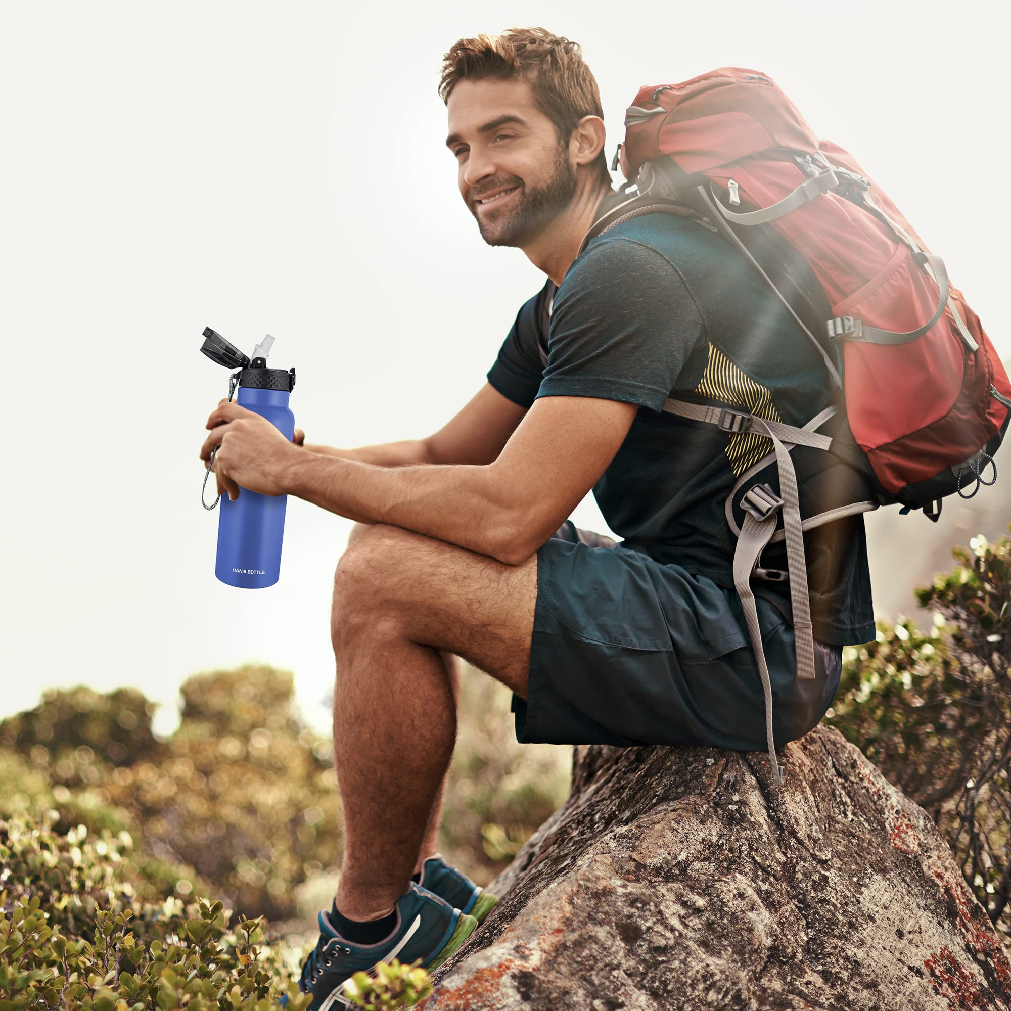 Han's Bottle Sports Water Bottle - 24 Oz, Straw Lid, Leak Proof, Vacuum Insulated Stainless Steel, Double Walled, Thermo Mug,Navy Blue
