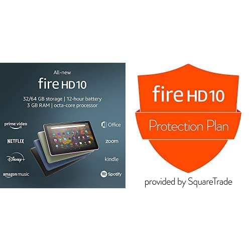 Fire HD 10 Tablet (32 GB, Denim, Lockscreen Ad Supported) + 2-Year Protection Plan