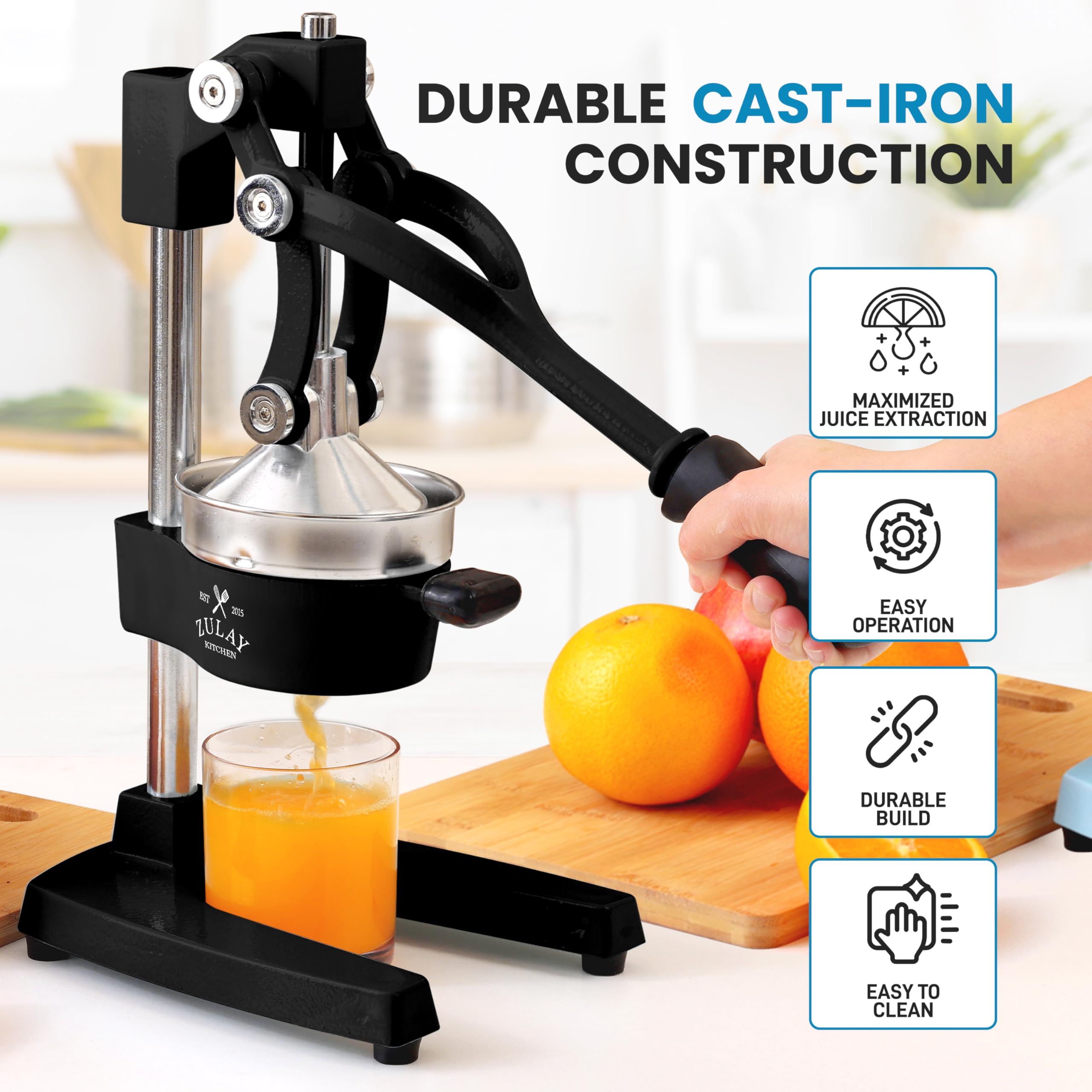 Zulay Professional Citrus Juicer - Manual Citrus Press and Orange Squeezer - Metal Lemon Squeezer - Premium Quality Heavy Duty Manual Orange Juicer and Lime Squeezer Press Stand, Black