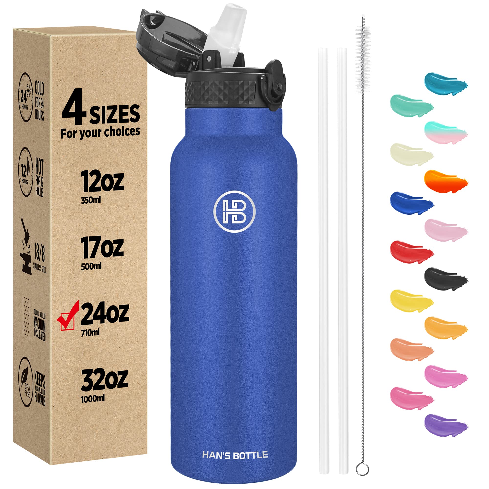 Han's Bottle Sports Water Bottle - 24 Oz, Straw Lid, Leak Proof, Vacuum Insulated Stainless Steel, Double Walled, Thermo Mug,Navy Blue
