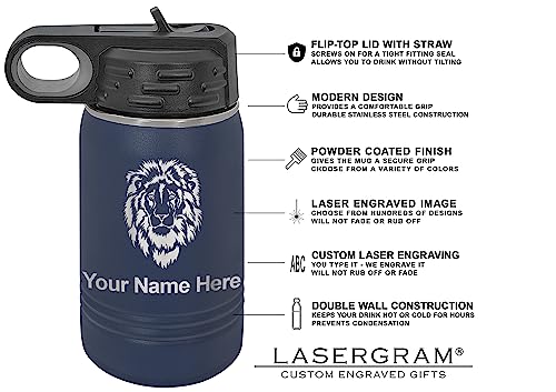 LaserGram Personalized Water Bottle, Howling Wolf, Stainless Steel Double Wall Vacuum Insulated with Flip Top Straw, Custom Engraved Gift (12oz / 335ml Navy Blue)