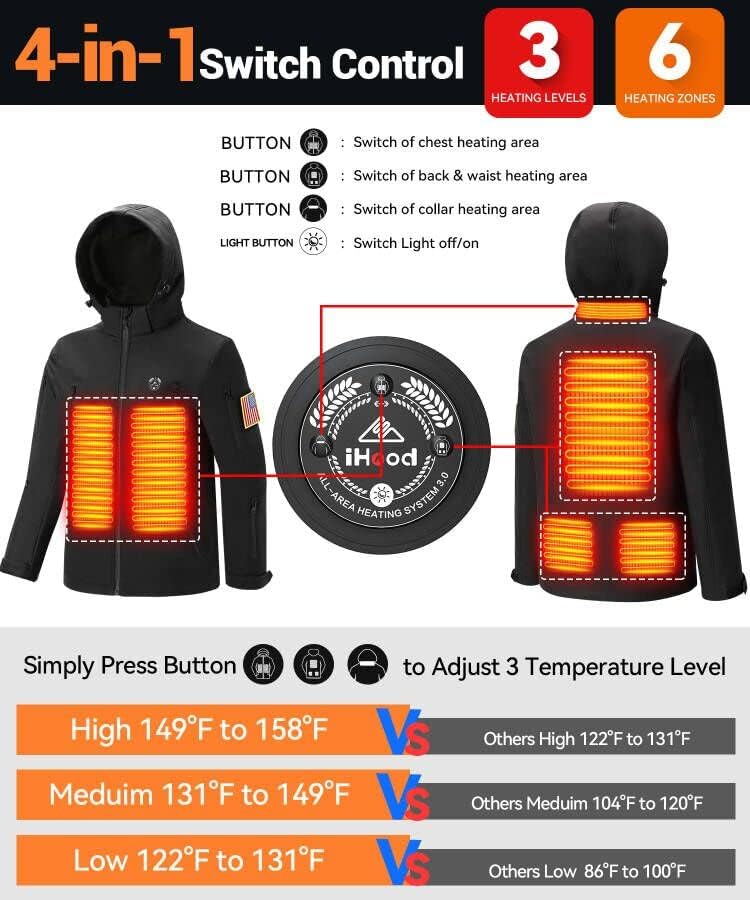 Men's Heated Jacket with Detachable Hood, Waterproof Winter Outdoor Heating Jackets for Men (Battery Pack Included)