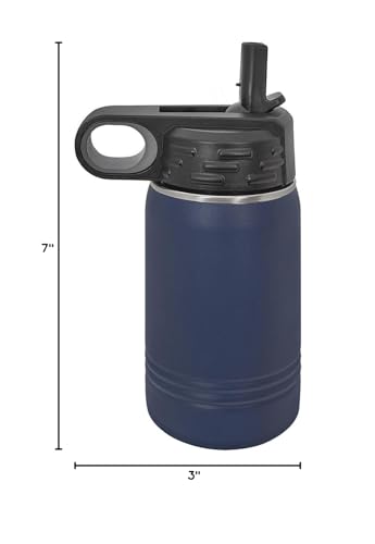 LaserGram Personalized Water Bottle, Howling Wolf, Stainless Steel Double Wall Vacuum Insulated with Flip Top Straw, Custom Engraved Gift (12oz / 335ml Navy Blue)