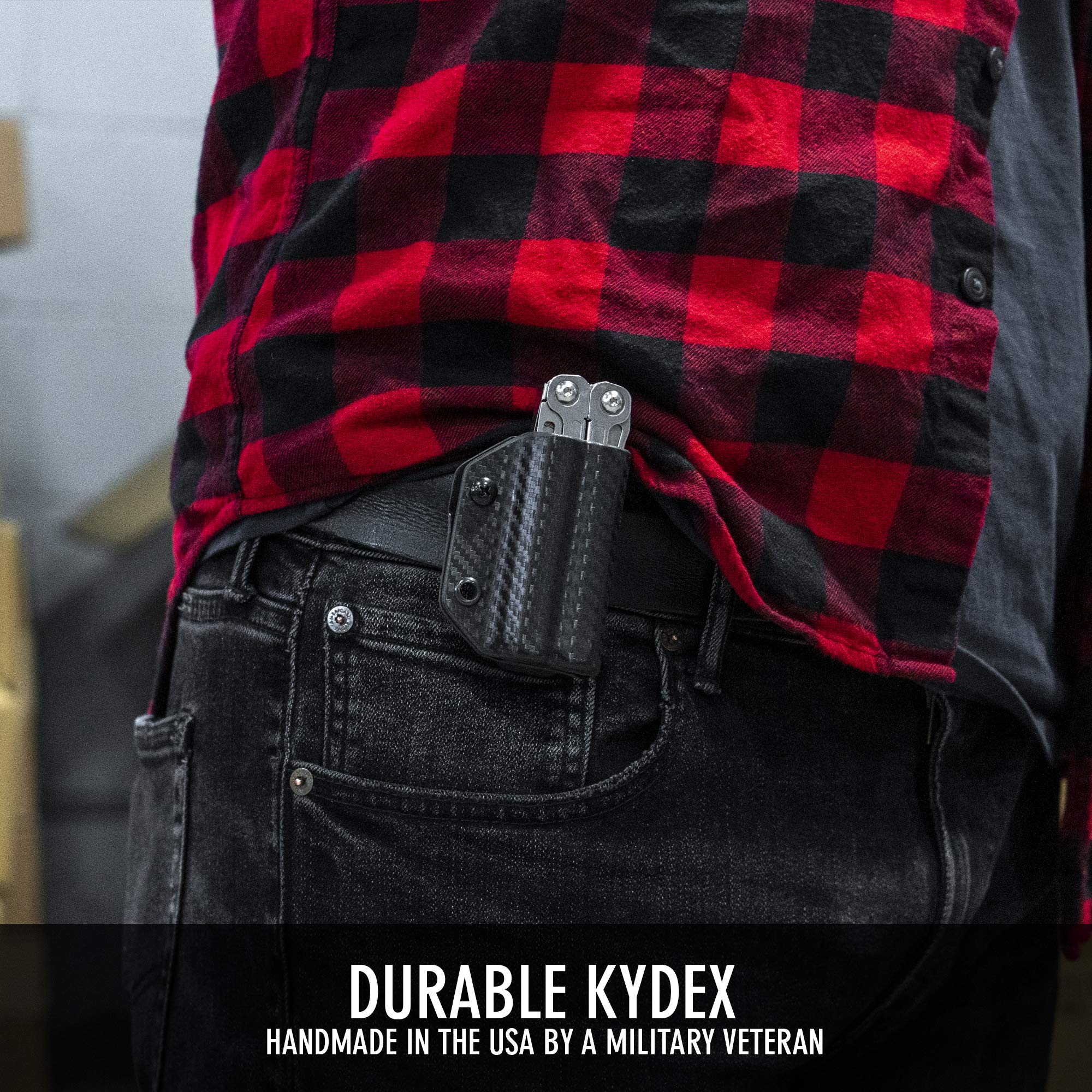 Clip & Carry Kydex Multitool Sheath for The Leatherman Wingman/Sidekick/REBAR/REV - Made in USA - EDC Multi Tool Holder Holster Cover - Carbon Fiber Black