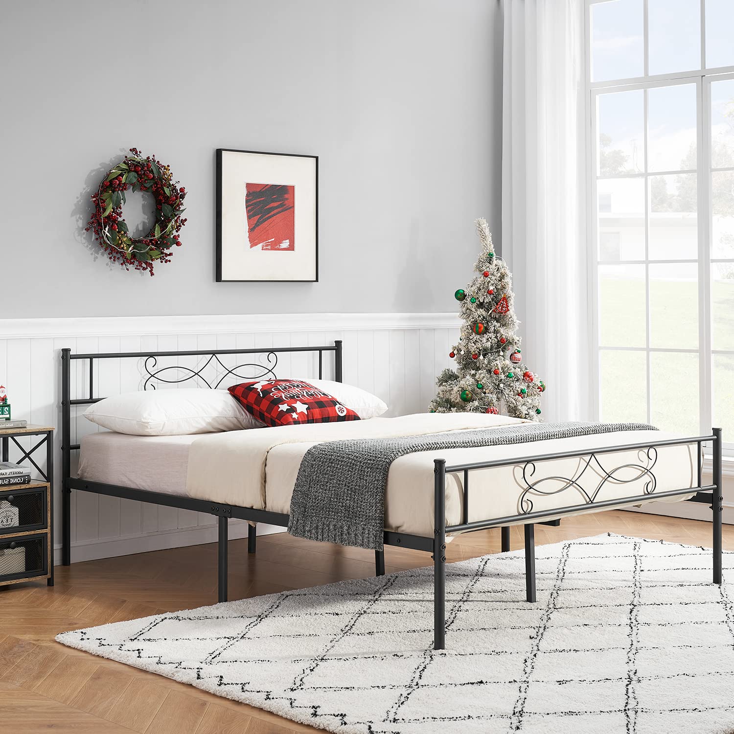 VECELO Queen Size Metal Platform Bed Frame with Headboard,No Box Spring Needed/Mattress Foundation,Flower