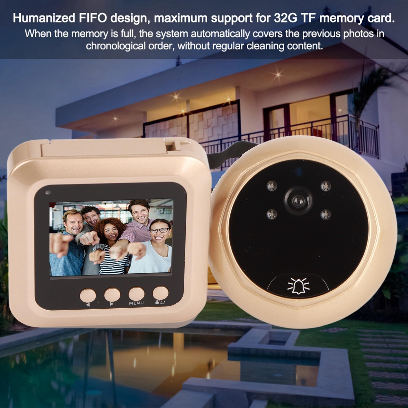 Video Doorbell, Peephole Door Camera Digital Door Viewer, Humanized FIFO Design 160 Degree Wide Angle 2.0MP Pixel for Videotape Home Security Take Photos