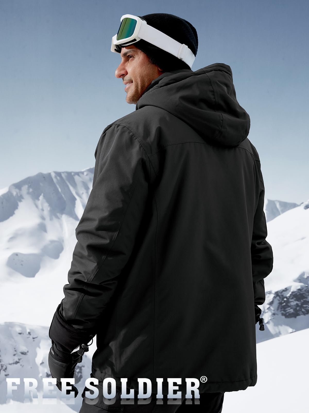 FREE SOLDIER Men's Waterproof Ski Jacket Fleece Lined Warm Winter Snow Coat with Hood Fully Taped Seams(Black,XXL)
