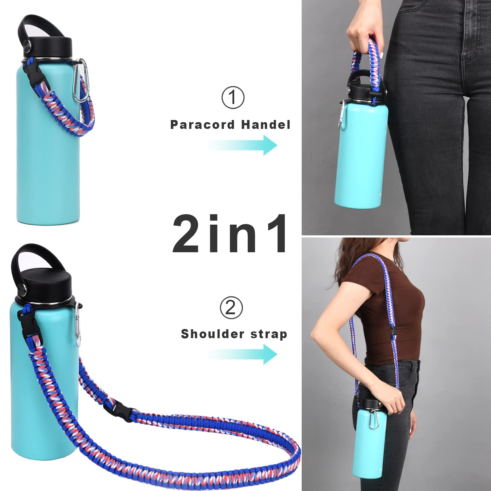 Wongeto Paracord Handle with Shoulder Strap,Compatible with Hydro Flask Wide Mouth Water Bottles 12oz - 64 oz(Not for The New Hydro Flask 2.0,Bottle Strap for Walking Hiking Camping(Blue&Red&White)