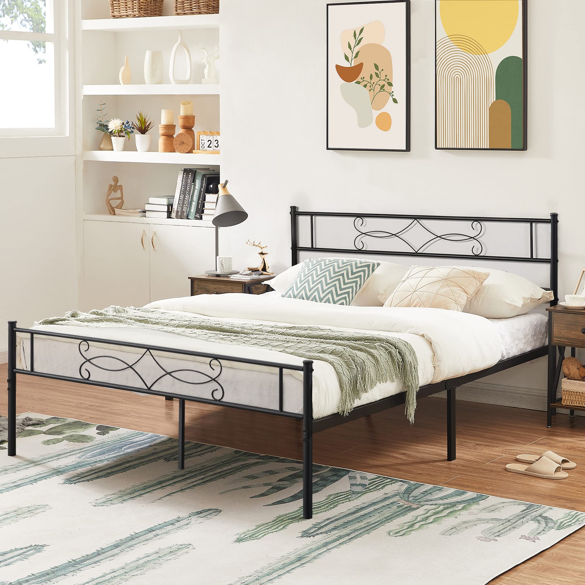 VECELO Queen Size Metal Platform Bed Frame with Headboard,No Box Spring Needed/Mattress Foundation,Flower