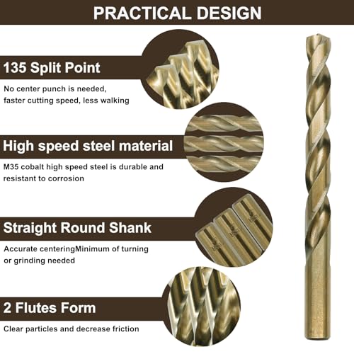 BeHappy Cobalt Drill Bit Set, 115Pcs M35 High Speed Steel Drill Bits, Twist Jobber Metal Drill Bit Set for Hardened Steel, Cast Iron, Plastic, Wood, Indexed Storage Case, 1/16"-1/2", A-Z, 1-60 Amber