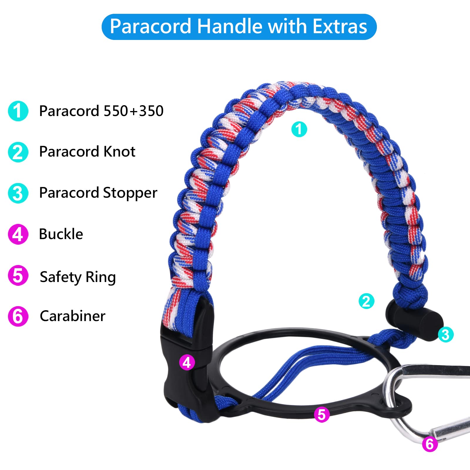 Wongeto Paracord Handle with Shoulder Strap,Compatible with Hydro Flask Wide Mouth Water Bottles 12oz - 64 oz(Not for The New Hydro Flask 2.0,Bottle Strap for Walking Hiking Camping(Blue&Red&White)