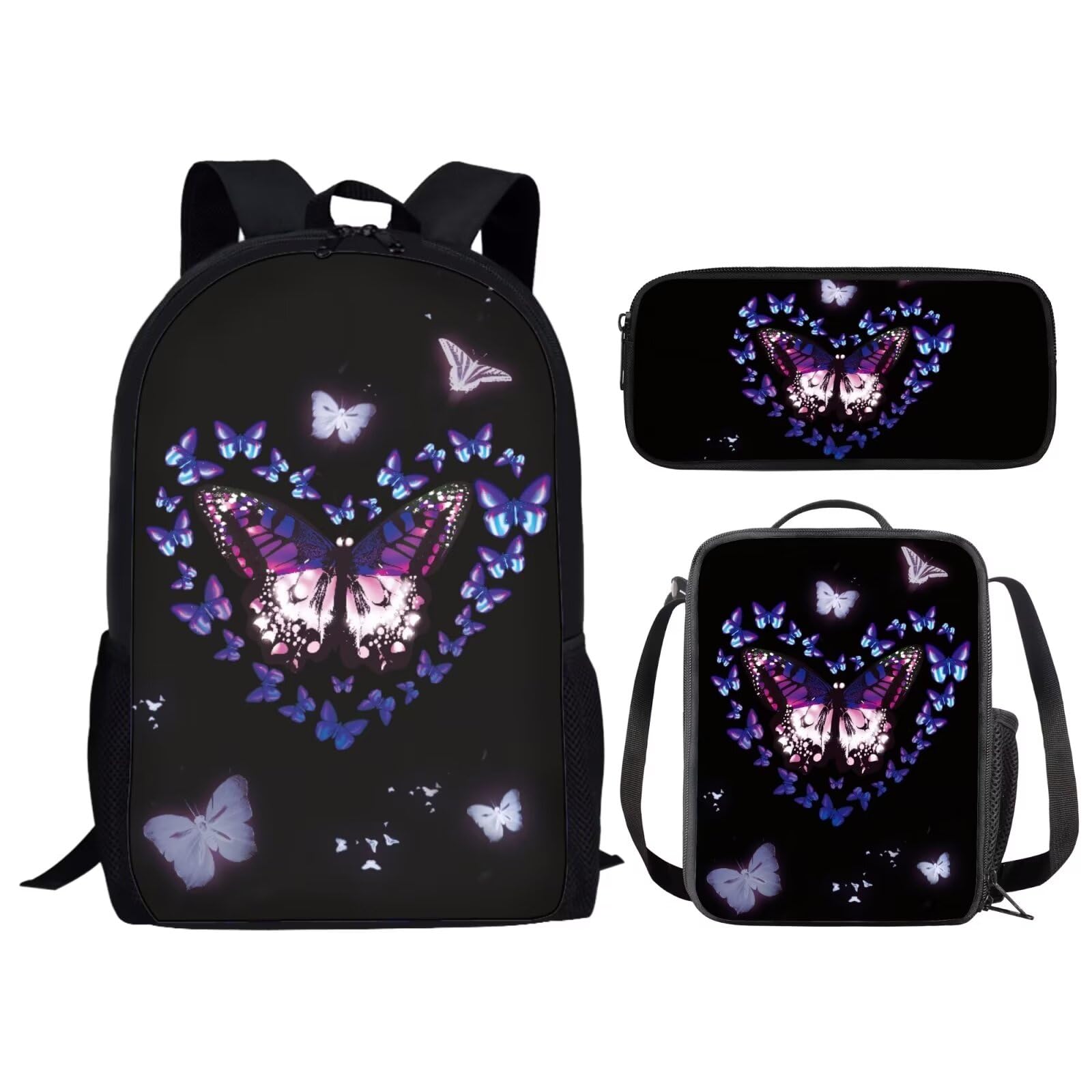 Cute School Backpack with Lunch Box for Girls Large Capacity Lightweight Custom Hearts Butterfly Backpack Set Aesthetic Kids Comfy Padded Adjustable Book Bag Lunch Bag Pencil Case 3 in 1