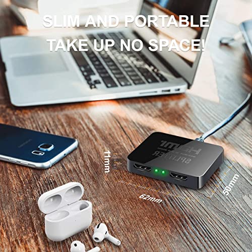 HDMI Splitter 1 in 2 Out, 4K HDMI Splitter for Dual Monitors, 1x2 HDMI Splitter 1 to 2 Amplifier Supports Full HD 1080P 3D for Xbox PS4 Fire Stick Blu-Ray HDTV (1 Source onto 2 displays)