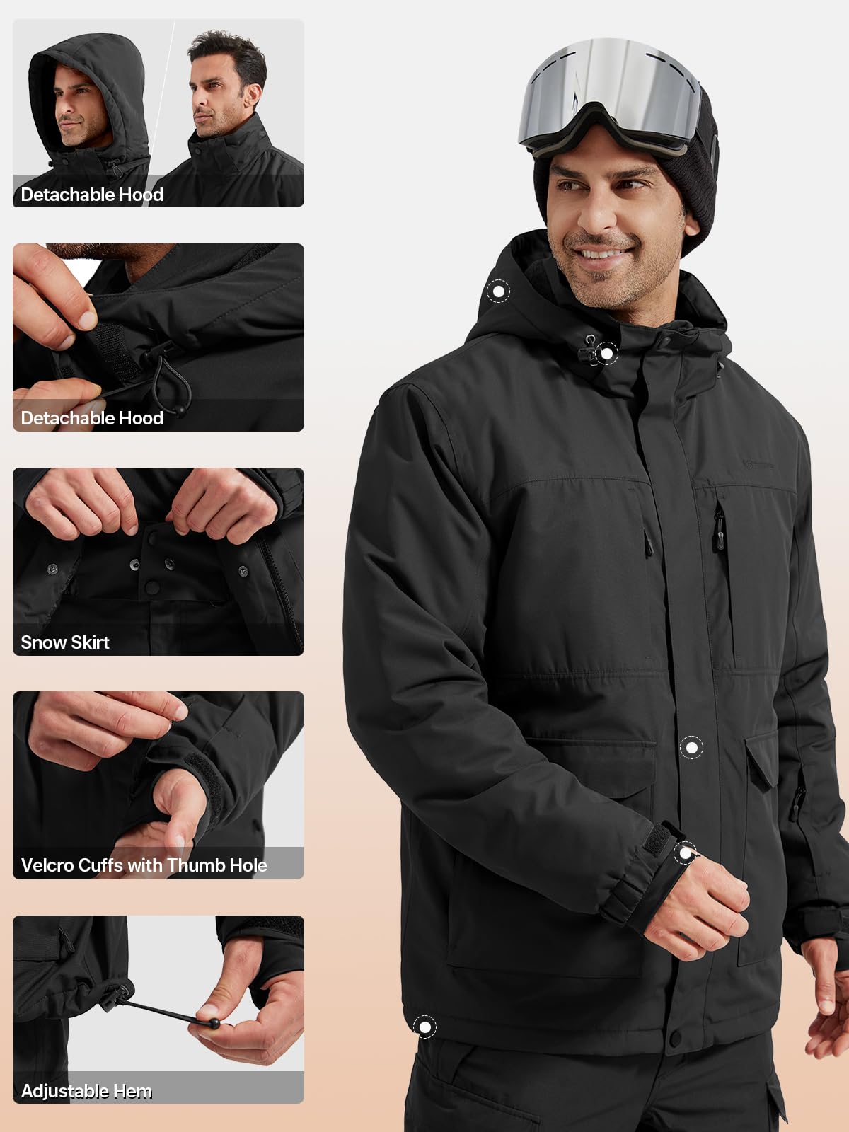 FREE SOLDIER Men's Waterproof Ski Jacket Fleece Lined Warm Winter Snow Coat with Hood Fully Taped Seams(Black,XXL)
