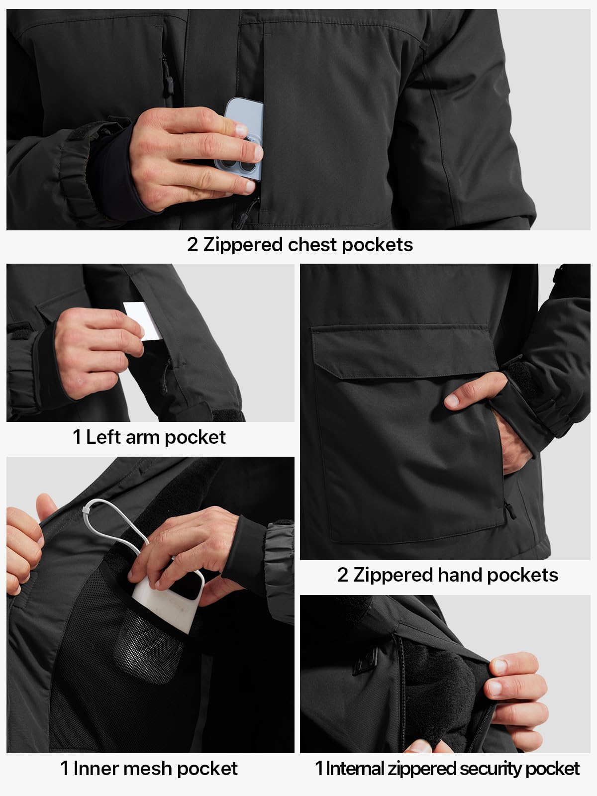 FREE SOLDIER Men's Waterproof Ski Jacket Fleece Lined Warm Winter Snow Coat with Hood Fully Taped Seams(Black,XXL)