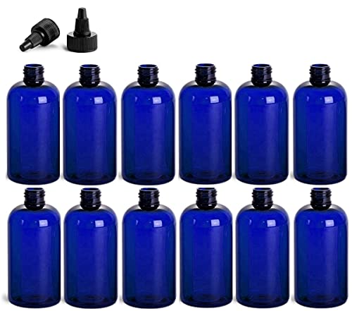 Premium Essential Oil 8 Ounce Boston Round Bottles, PET Plastic Empty Fillable BPA-Free, with Black Twist Caps (Pack of 12) (Blue)