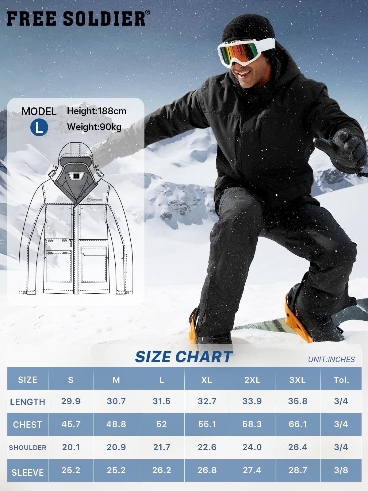 FREE SOLDIER Men's Waterproof Ski Jacket Fleece Lined Warm Winter Snow Coat with Hood Fully Taped Seams(Black,XXL)