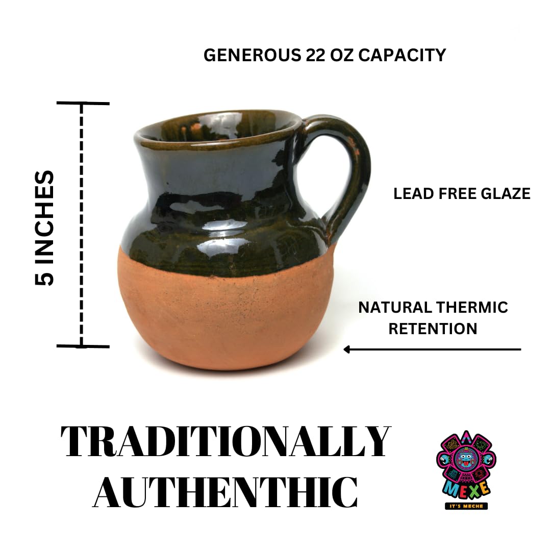 MEXE Handmade Large 22 oz Clay Coffee Mug, Unique Artisan Ceramic Pottery Cup for Tea, Mexican Hot Chocolate, Champurrado, Atole drinks, Handmade in Mexico