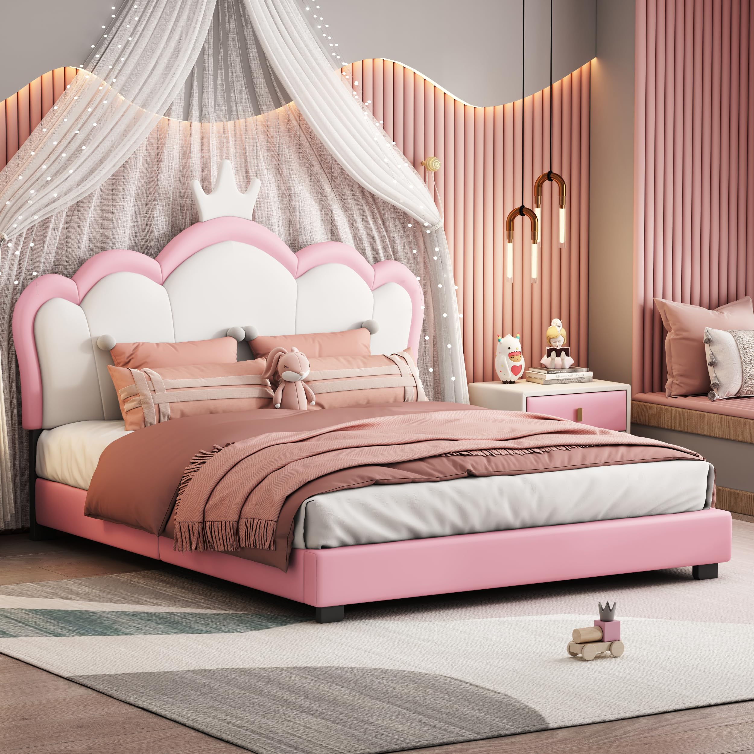 Full Size Upholstered Princess Bed with Crown Headboard,Full Bed Frames for Girls Full Bed Frame Girl Full Size Bed Frames for Girls