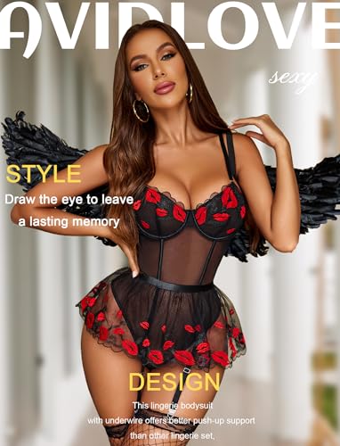 Avidlove Womens Lingerie Supportive Bodysuit with Removable Mini Skirt Embroidery Garter Lingerie Set