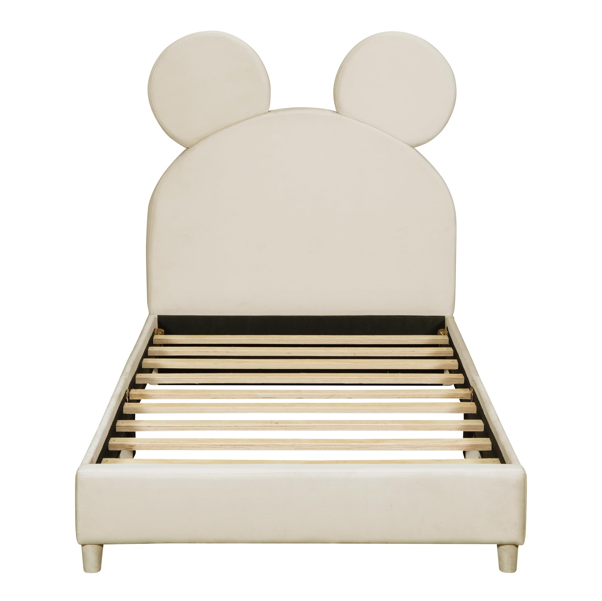 Harper & Bright Designs Twin Size Platform Bed with Bear Ear Shaped Headboard, Modern Velvet Upholstered Twin Bed Frame for Kids,Wood Twin Bed for Girls Boys, No Box Spring Needed, Beige