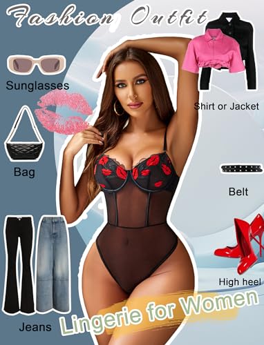 Avidlove Womens Lingerie Supportive Bodysuit with Removable Mini Skirt Embroidery Garter Lingerie Set