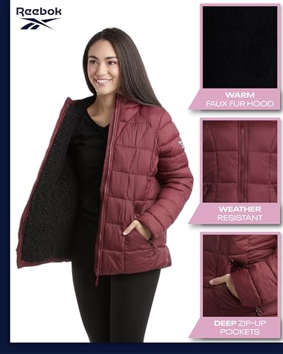 Reebok Women's Winter Jacket - Heavyweight Quilted Puffer Parka Coat - Sherpa Lined Ski Jacket for Women (S-XL), Size X-Large, Classic Maroon