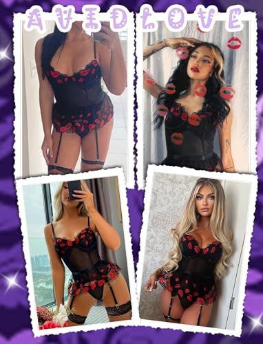 Avidlove Womens Lingerie Supportive Bodysuit with Removable Mini Skirt Embroidery Garter Lingerie Set